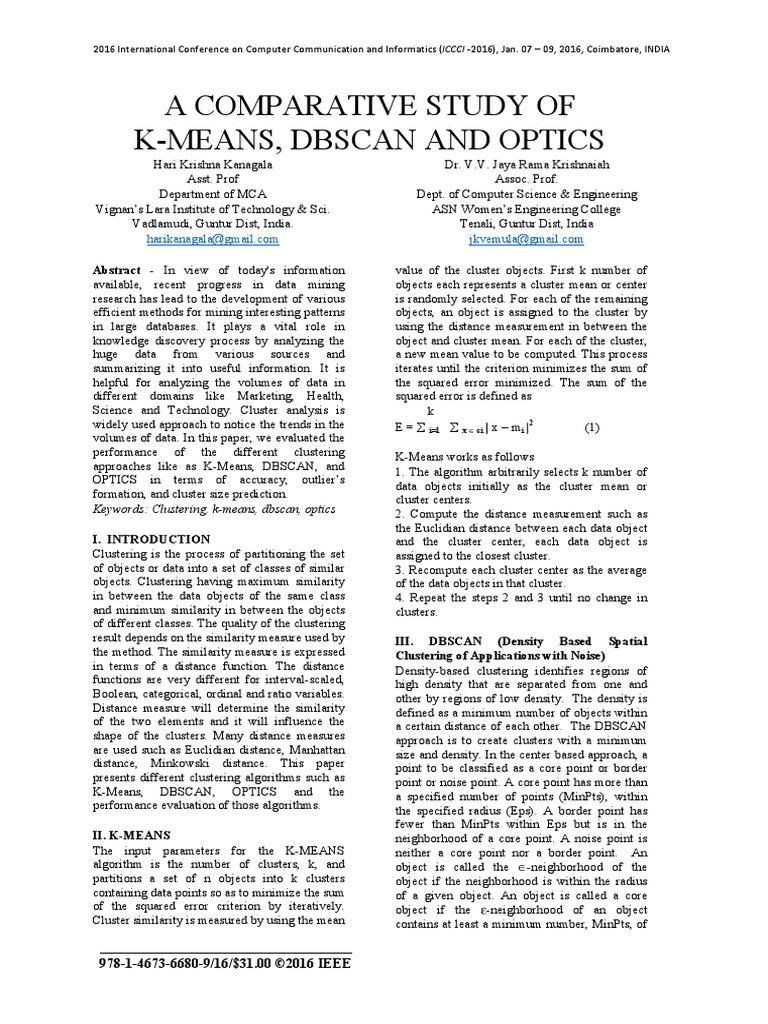 A Comparative Study of K-Means, DBSCAN and OPTICS | PDF | Cluster ...