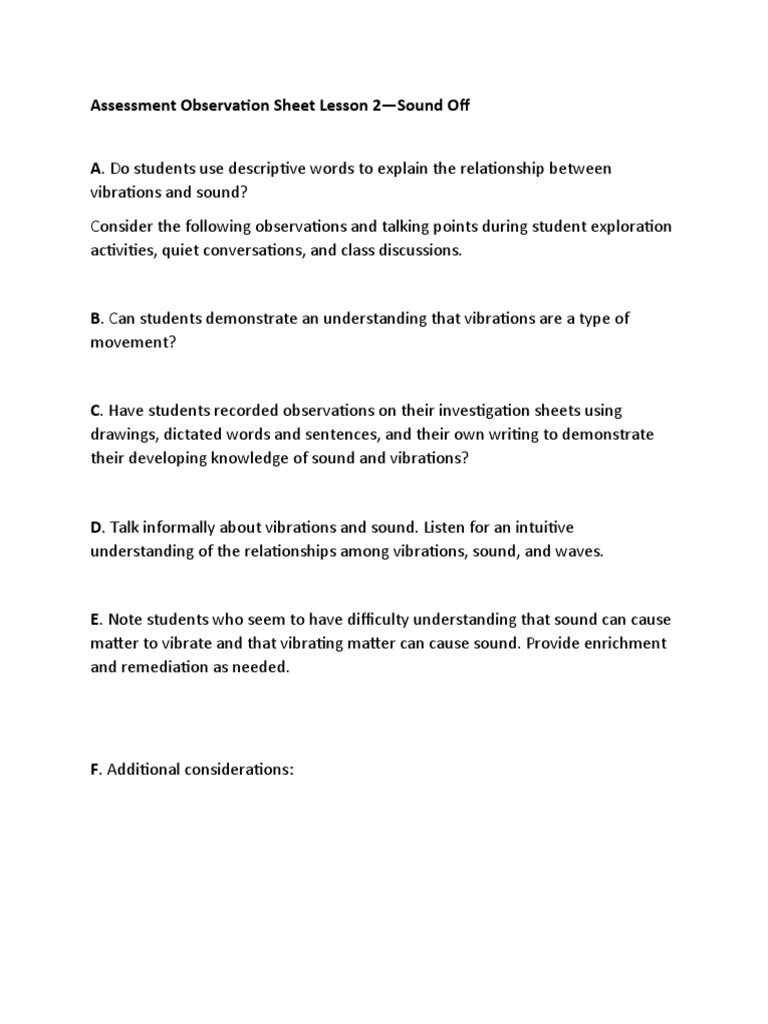 Assessment Observation Sheet Lesson 2 | PDF | Language Arts ...