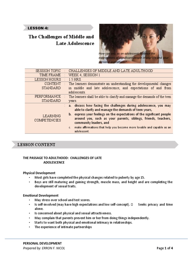 The Challenges of Middle and Late Adolescence: Lesson Content | PDF ...