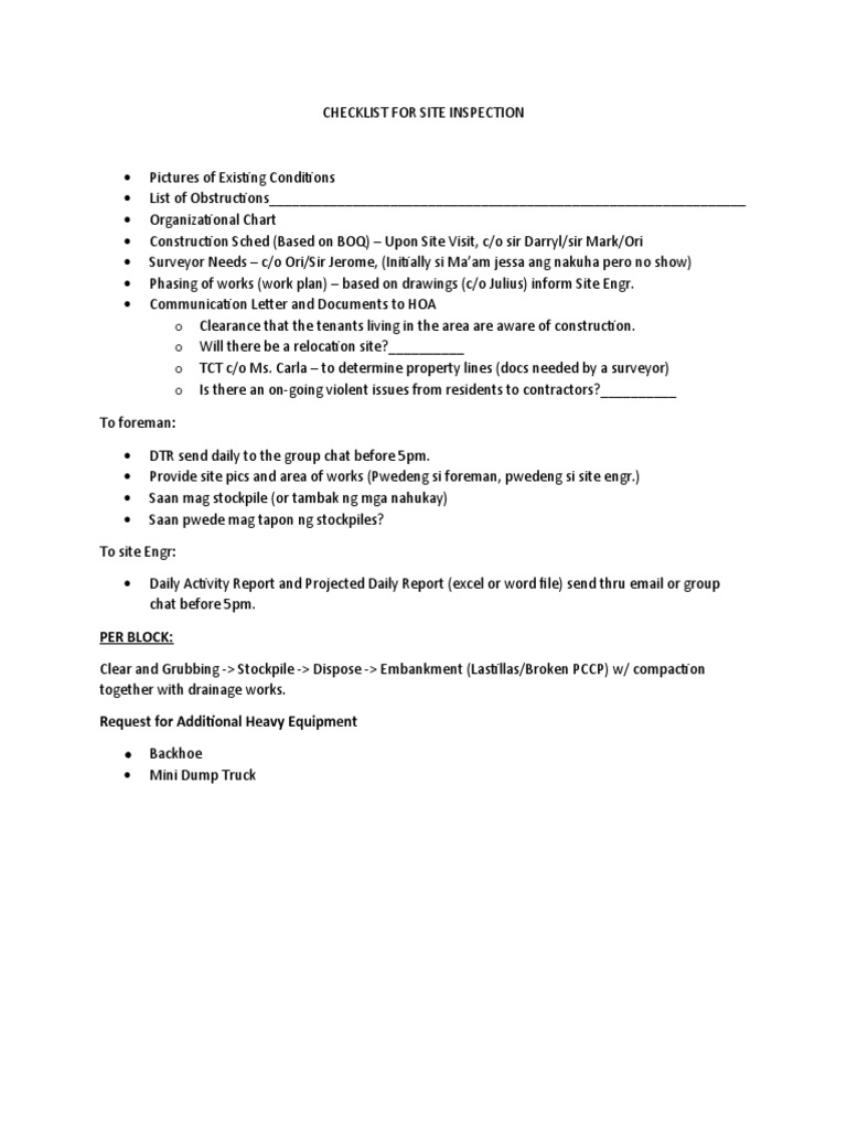 Site Inspection Checklist Overview | PDF