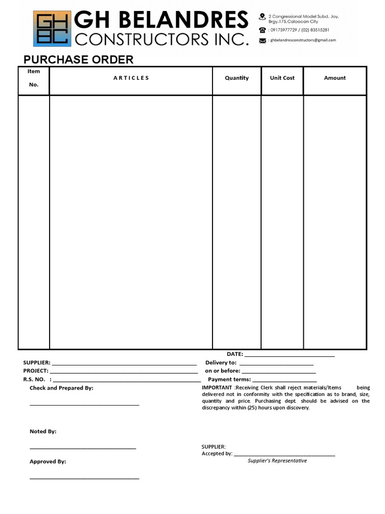 Purchase Order: IMPORTANT:Receiving Clerk Shall Reject Materials/items ...