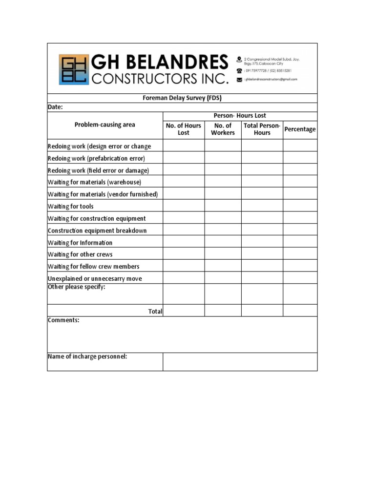 Foreman Delay Survey (FDS) Date: Problem-Causing Area Person-Hours Lost Percentage No. of Hours ...