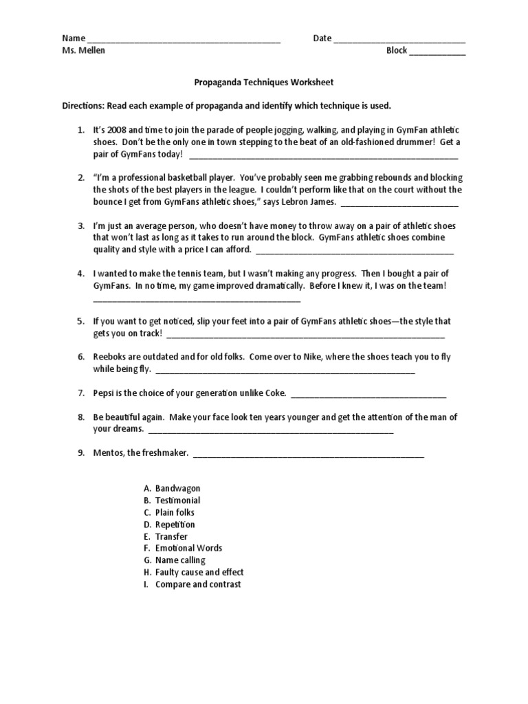 Propaganda Techniques Worksheet | Download Free PDF | Sports | Basketball