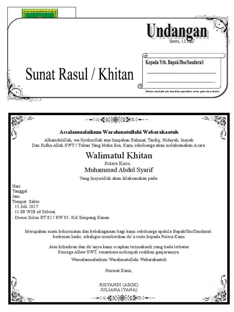 Contoh Undangan Sunat Rasul Atau Undangan Khitanan Dengan Microsoft ...
