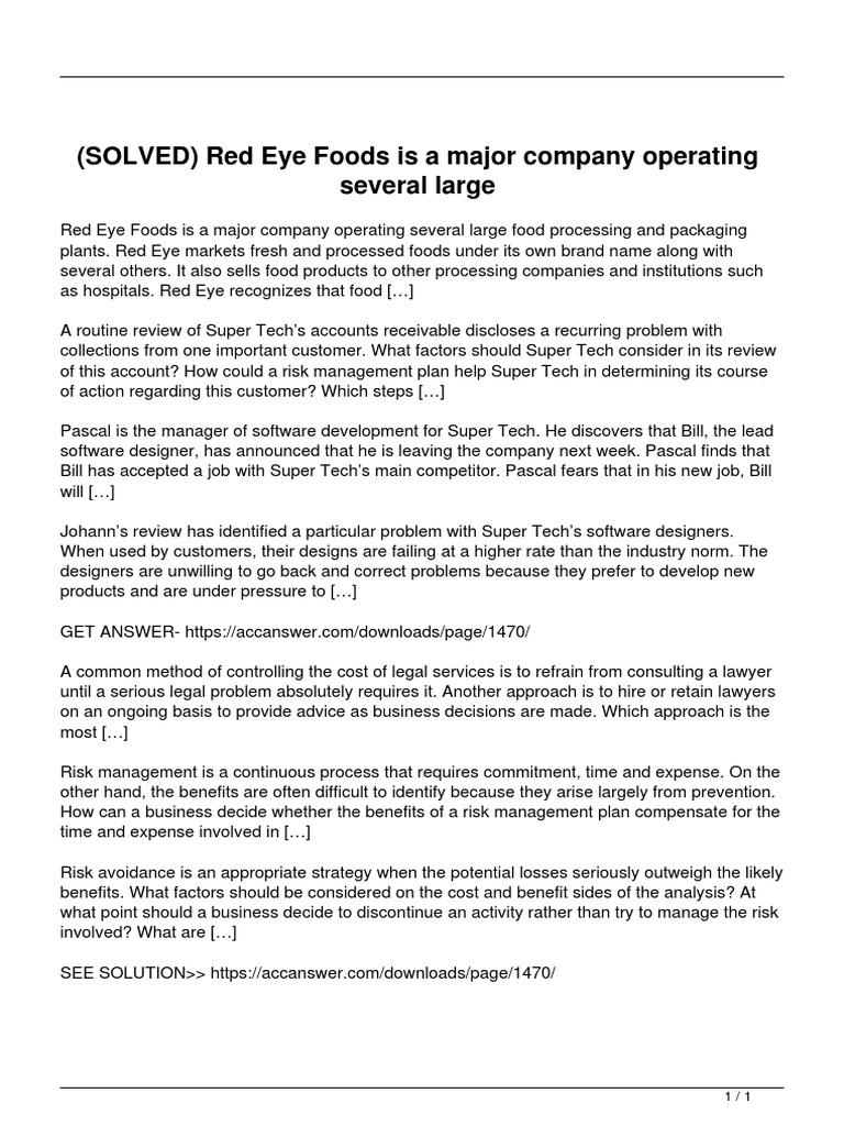 Solved Red Eye Foods Is A Major Company Operating Several Large | PDF ...