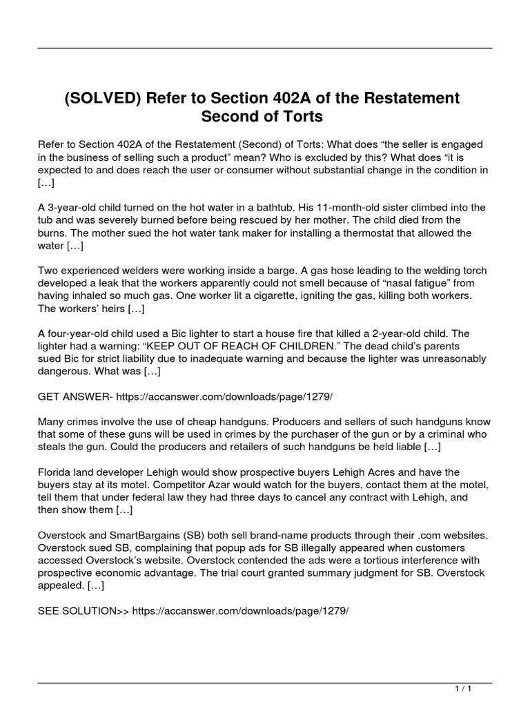 Solved Refer To Section 402a of The Restatement Second of Torts | PDF ...