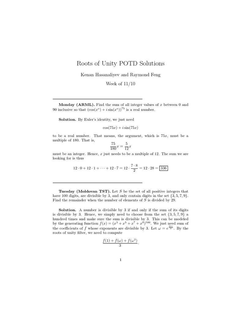 Roots of Unity POTD Solutions: Kenan Hasanaliyev and Raymond Feng Week of 11/10 | PDF | Numbers ...