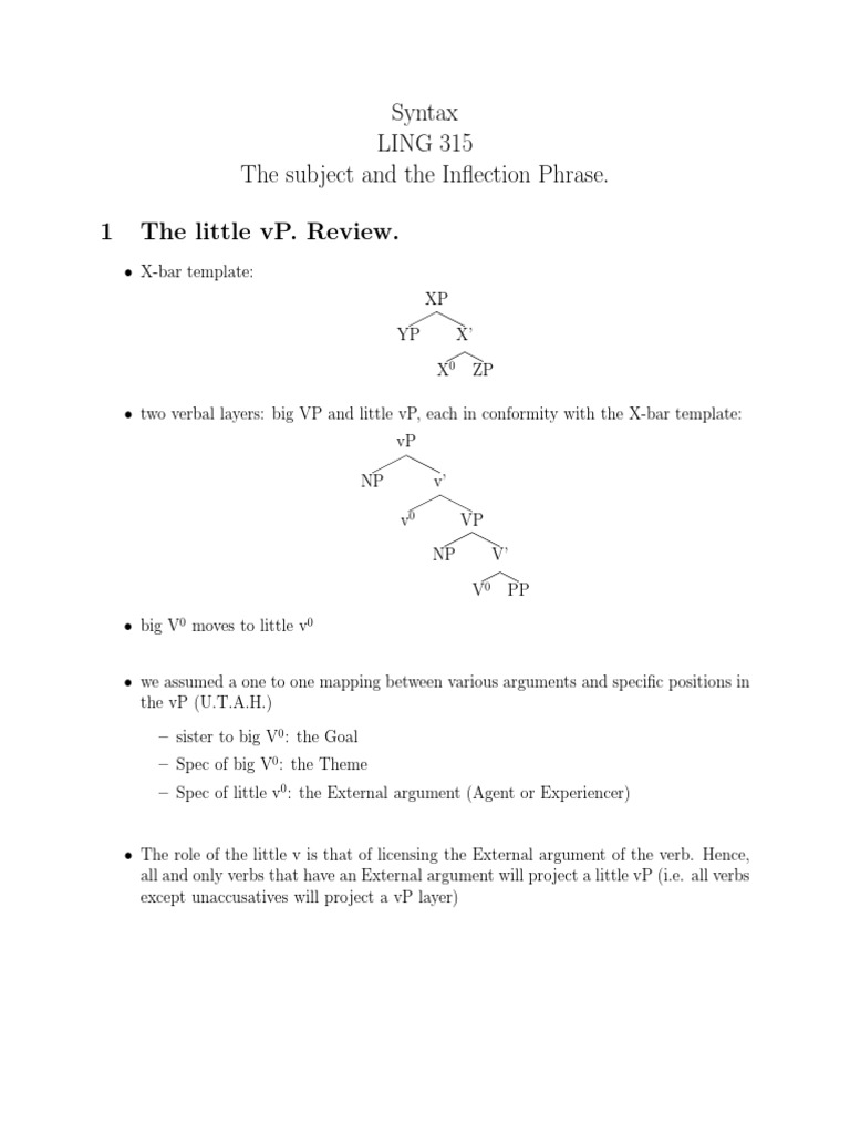 Syntax LING 315 The Subject and The Inflection Phrase. 1 The Little Vp. Review | PDF | Phrase ...