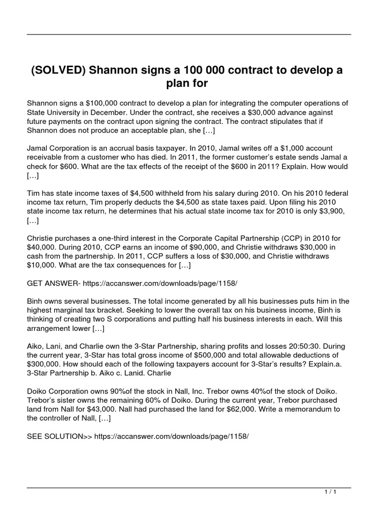 Solved Shannon Signs A 100 000 Contract To Develop A Plan For | PDF ...