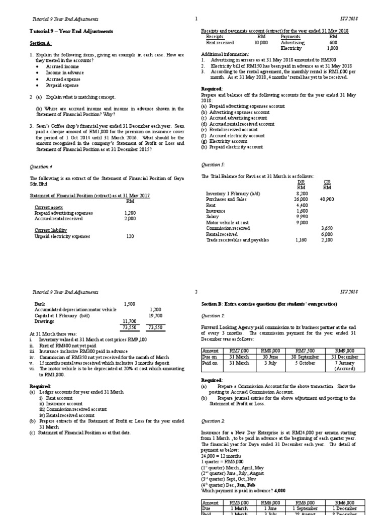 Tutorial 9 Year End Adjustments (Q) | PDF | Balance Sheet | Renting