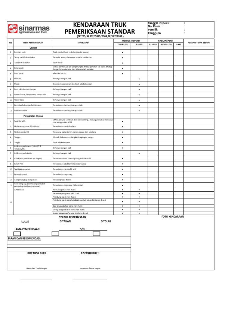 Laporan Inspeksi Kendaraan Truk Pengangkut Bahan Berbahaya dan Beracun ...