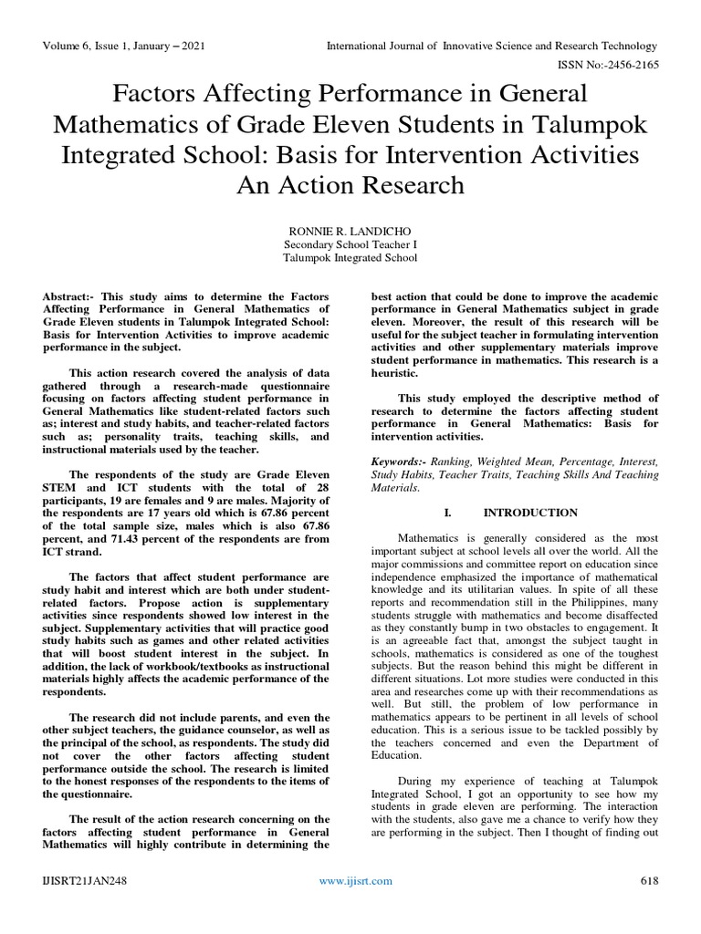 Factors Affecting Performance in General Mathematics of Grade Eleven ...