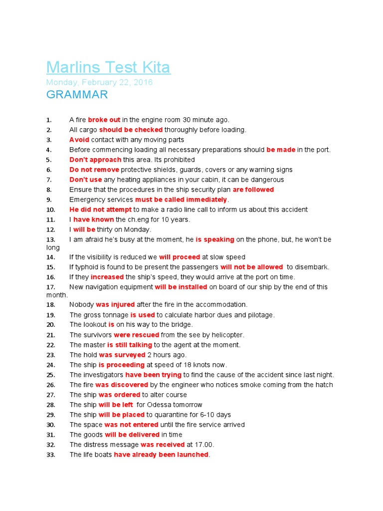 Marlins Test Kita: Grammar | PDF | Ships | Port