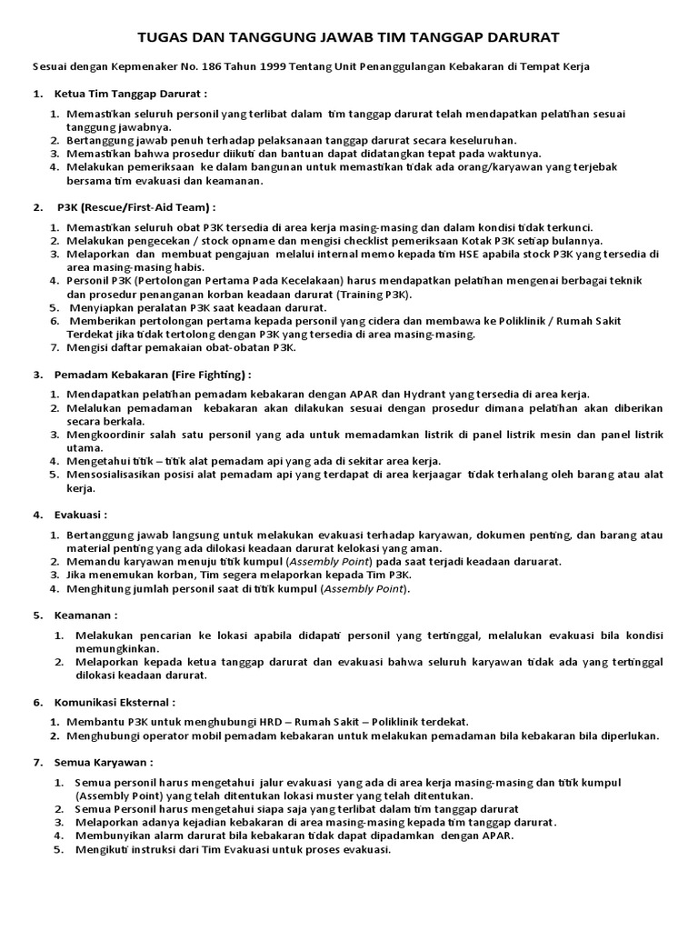 Tugas Dan Tanggung Jawab Tim Tanggap Darurat | PDF