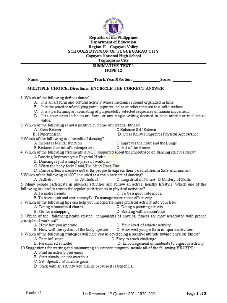 Summative Test 1 Hope 12 Name: - Track, Year&Section: - Score ...