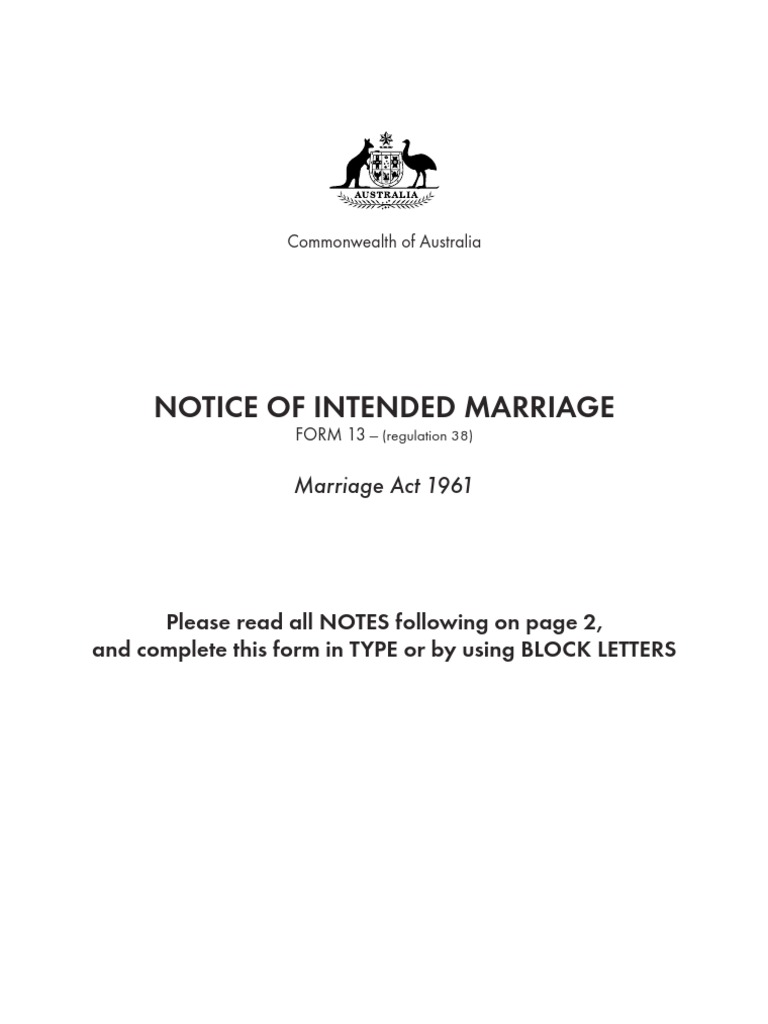 Notice Of Intended Marriage Form Pdf Marriage Act 1961 Australia Marriage