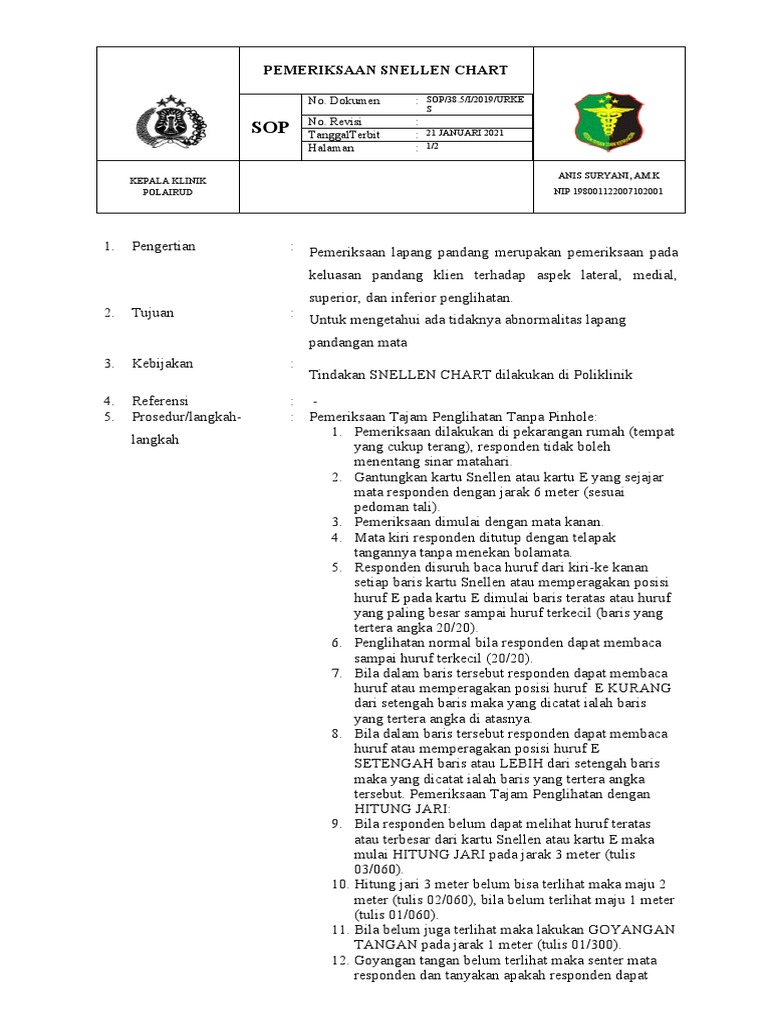Sop Pemeriksaan Snellen Chart | PDF