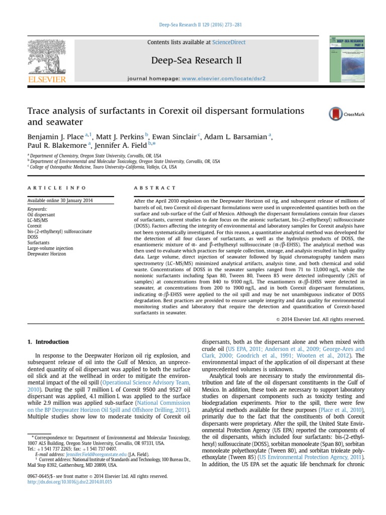 Place Et Al. (2016) - Trace Analysis of Surfactants in Corexit Oil ...