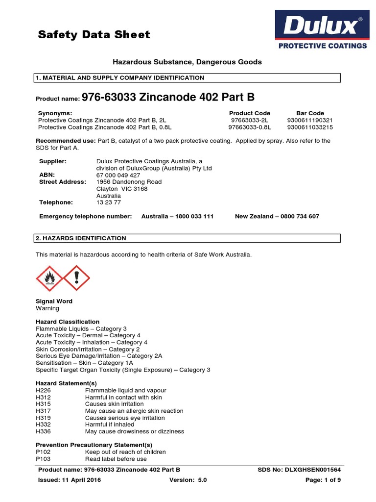 976-63033 Zincanode 402 Part B: Safety Data Sheet | PDF | Dangerous ...