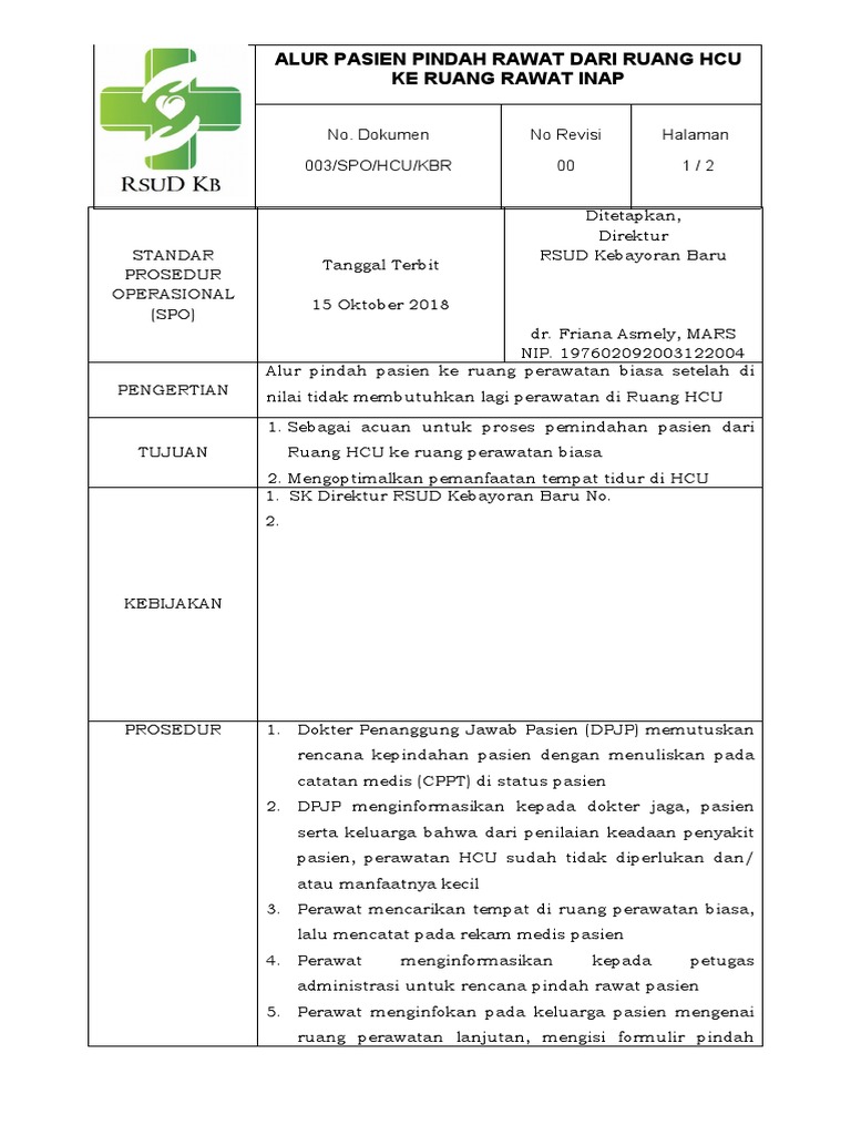 03.sop Alur Pasien Pindah Dari Ruang Hcu Ke Ruang Rawat Inap | PDF