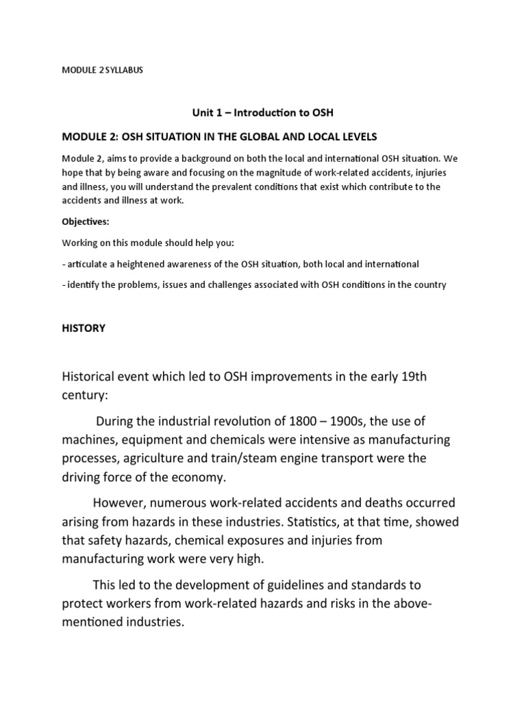 Unit 1 - Introduction To OSH Module 2: Osh Situation in The Global and ...