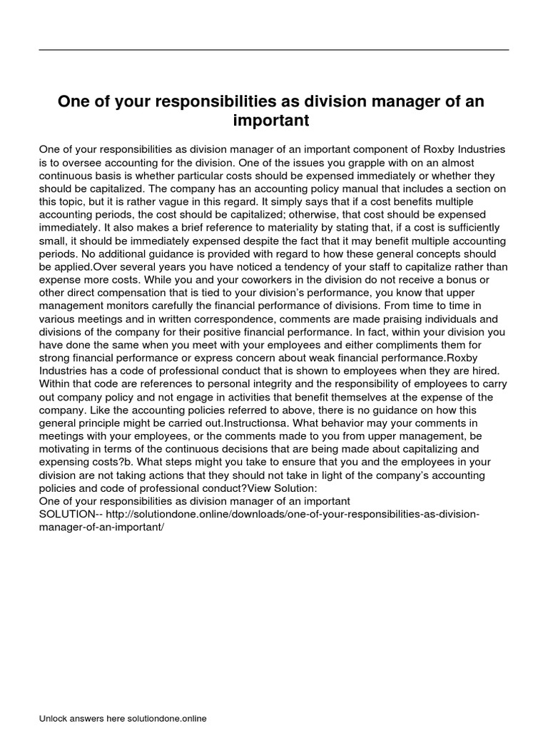 One of Your Responsibilities As Division Manager of An Important | PDF ...