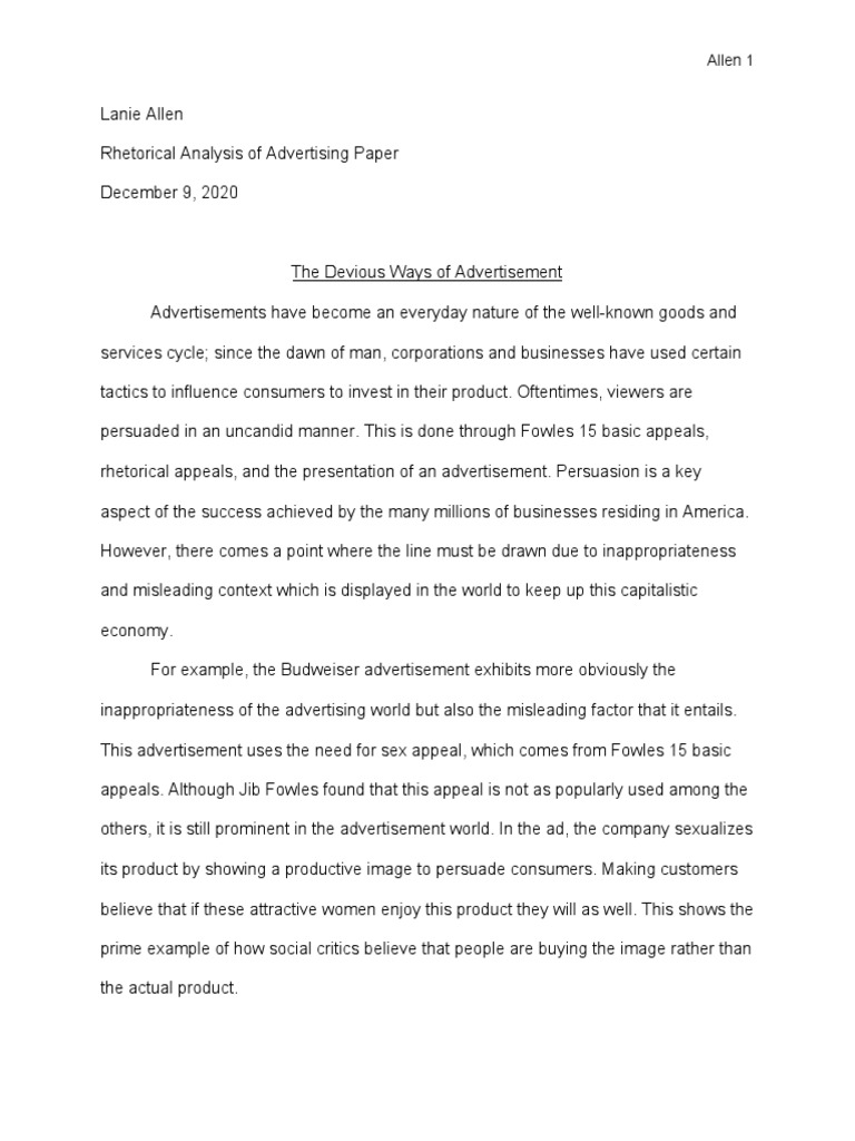Rhetorical Analysis Ad Paper | PDF | Persuasion | Advertising
