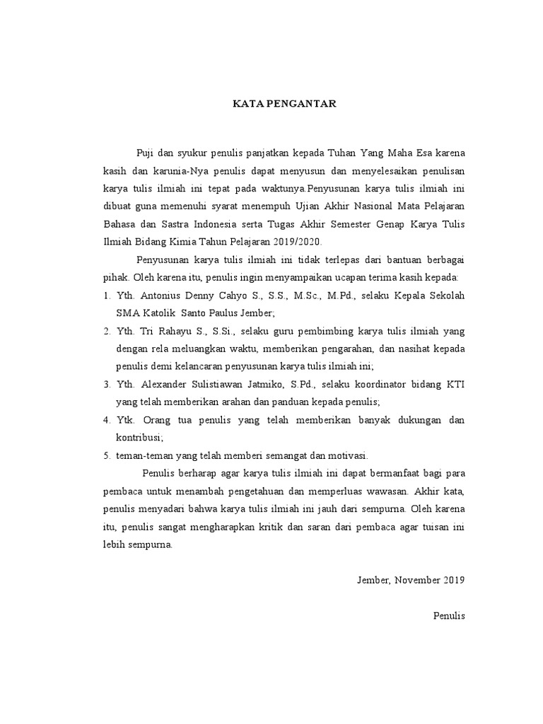 Contoh Kata Pengantar Karya Tulis Ilmiah Bidang Kimia | PDF