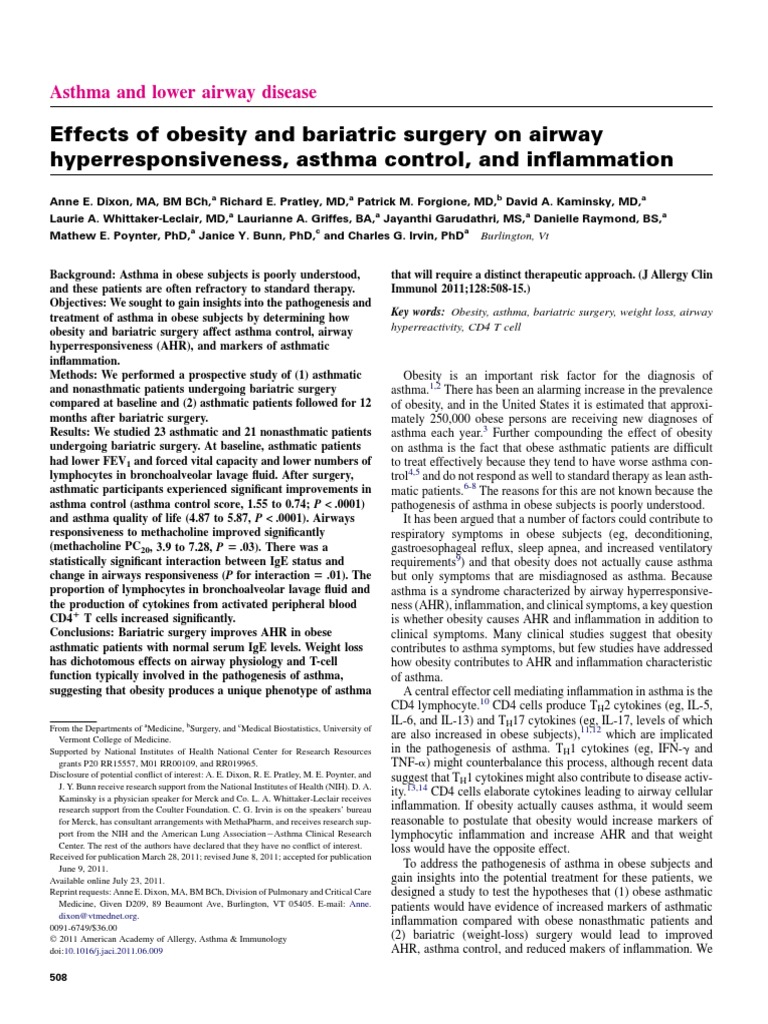 Dixon Et Al. (2011) - Effects of Obesity and Bariatric Surgery On ...