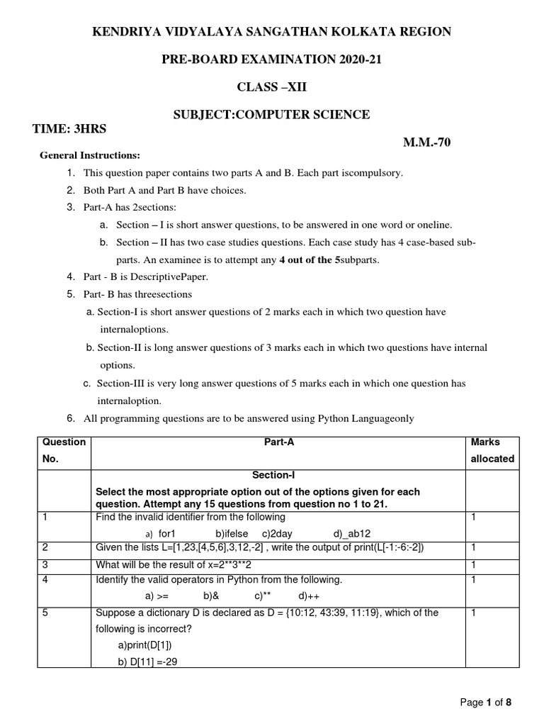 Kendriya Vidyalaya Sangathan Kolkata Region Pre-Board Examination 2020-21 Class - Xii Subject ...