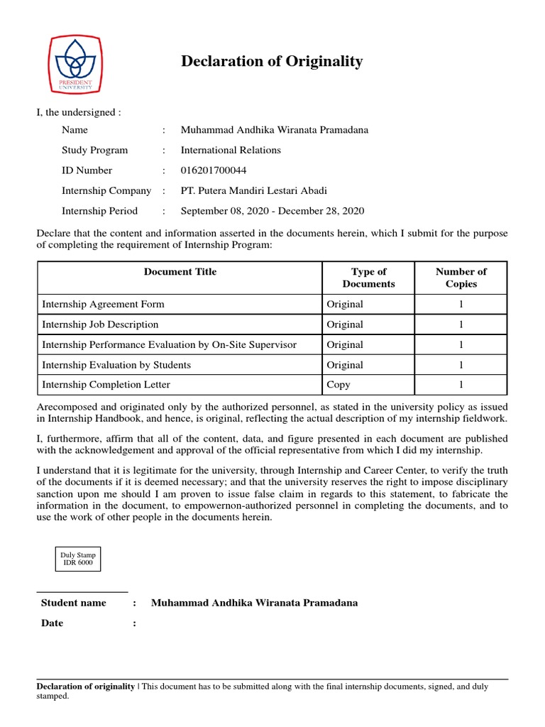 Declaration of Originality: Document Title Type of Documents Number of ...