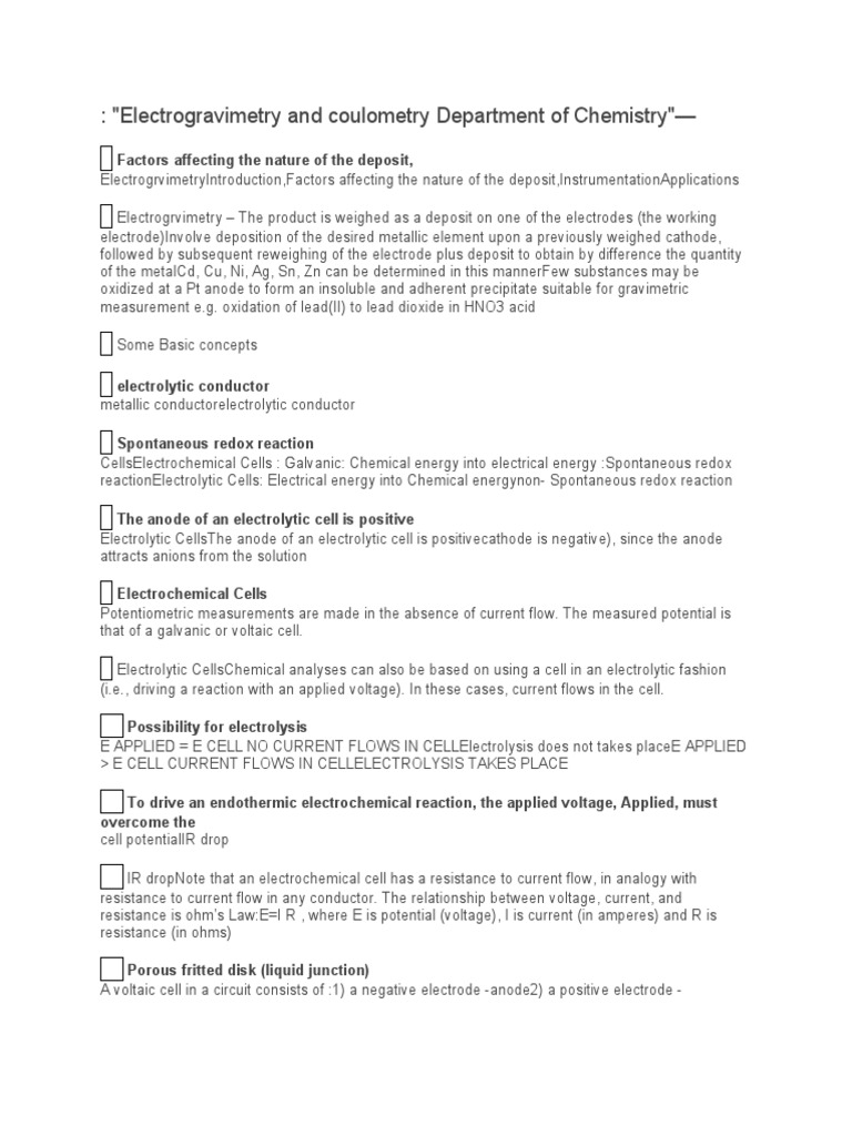 Electrogravimetry and Coulometry Department of Chemistry | PDF ...