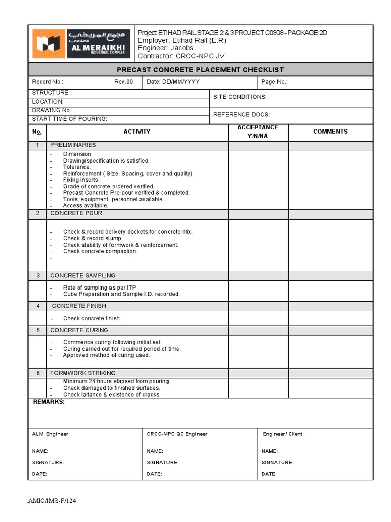 124 - Precast Concrete Placement Checklist | PDF | Concrete | Building ...