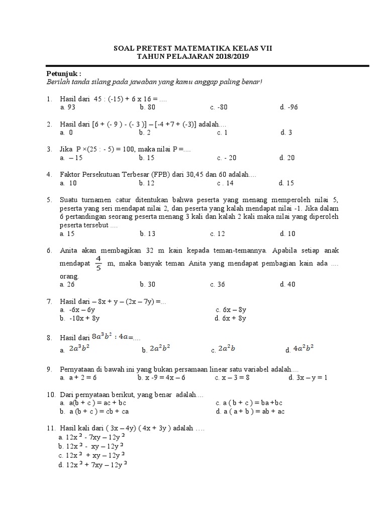 Soal Pre Test Matematika SMPN 1 | PDF
