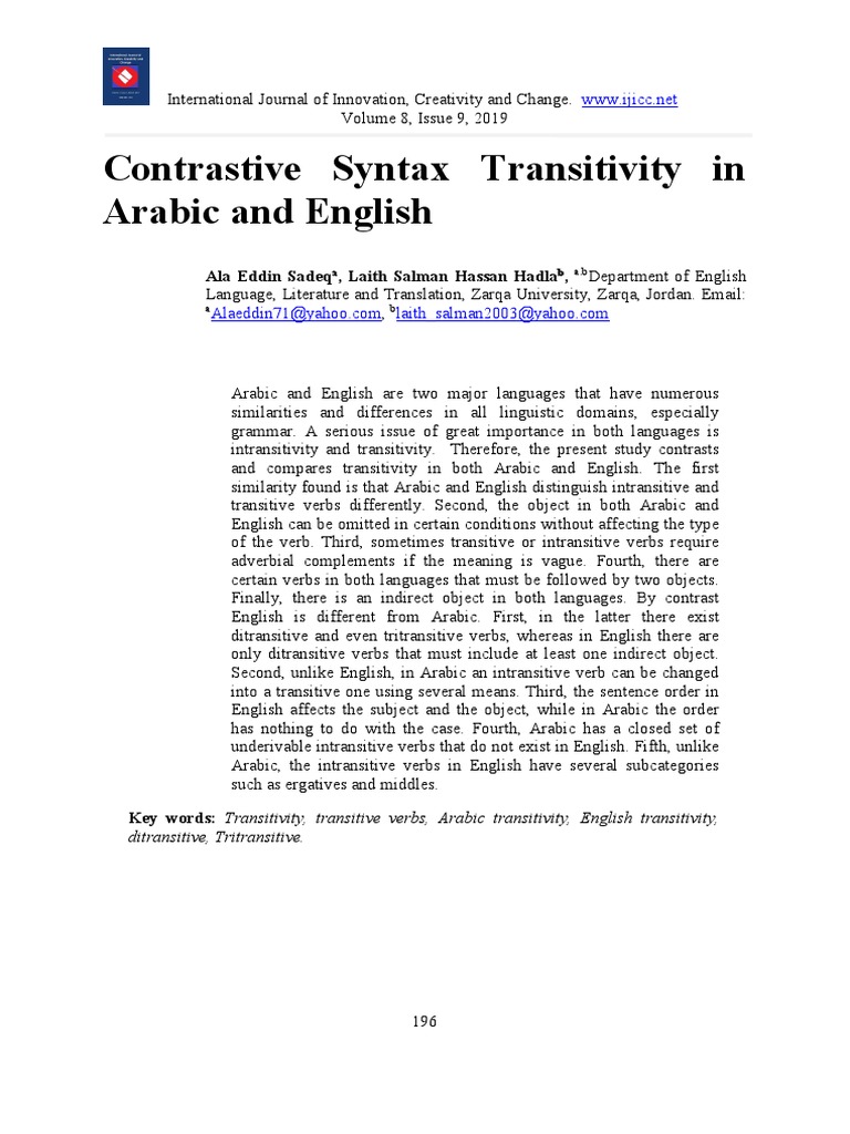Contrastive Syntax Transitivity in Arabic and English: Ala Eddin Sadeq ...