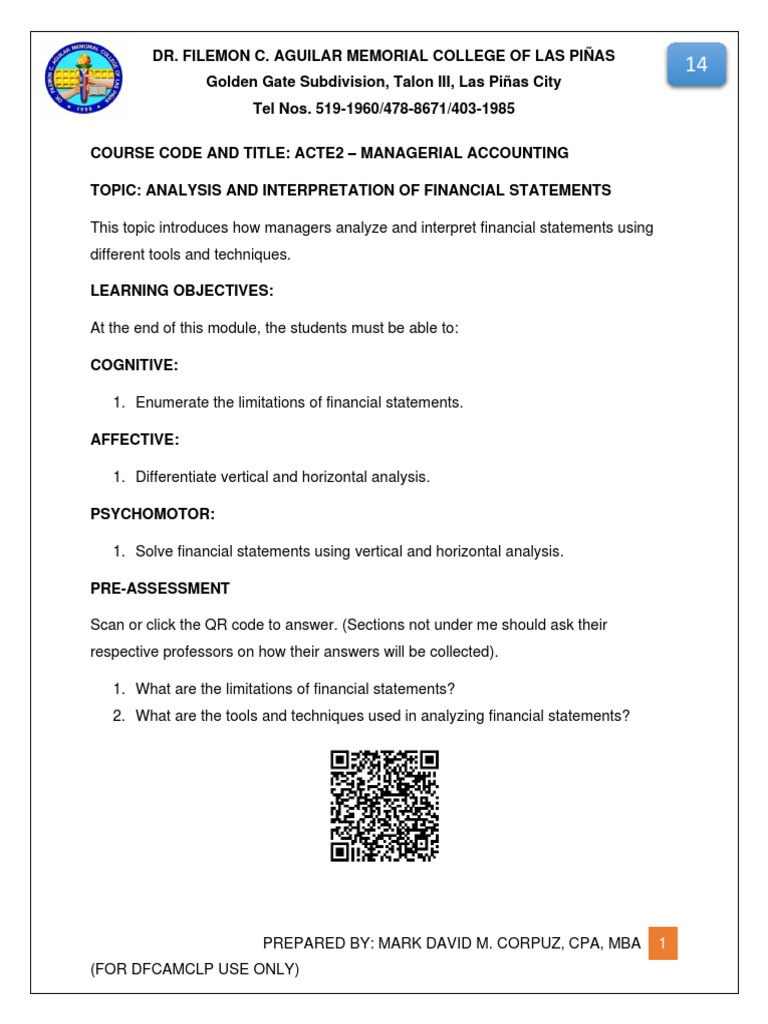 Module 14 Analysis and Interpretation of Financial Statements | PDF