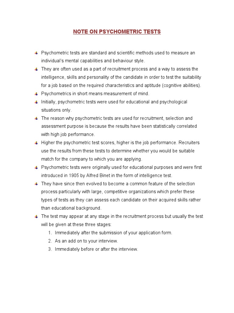 Note On Psychometric Tests | PDF | Psychometrics | Test (Assessment)