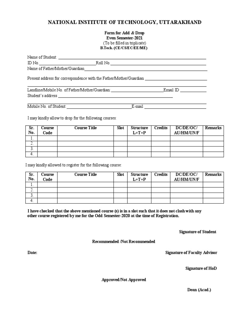 Add & Drop B.Tech Form | PDF