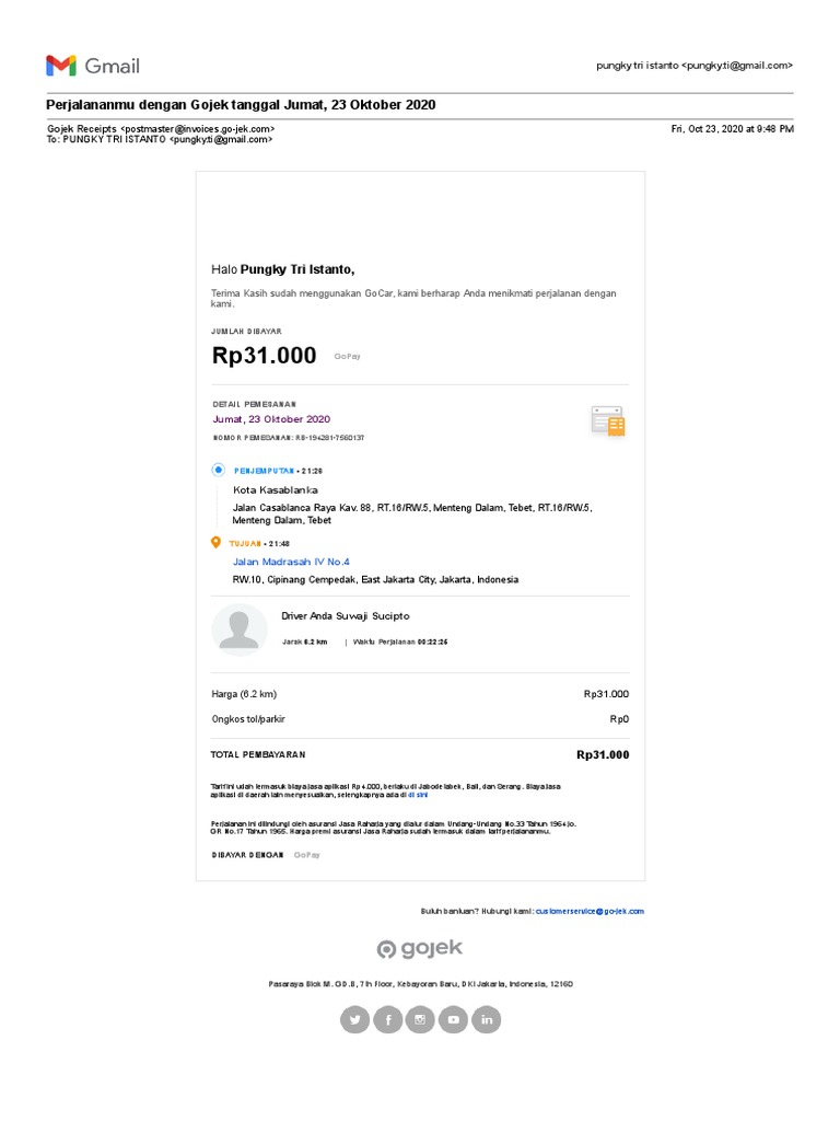Gojek Receipts - Perjalananmu dengan GoCar tanggal Jumat, 23 Oktober 2020 | PDF