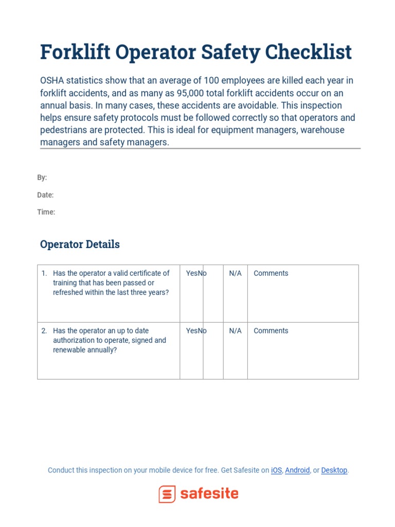 Warehouse Forklift Safety Checklist Pdf Forklift Android