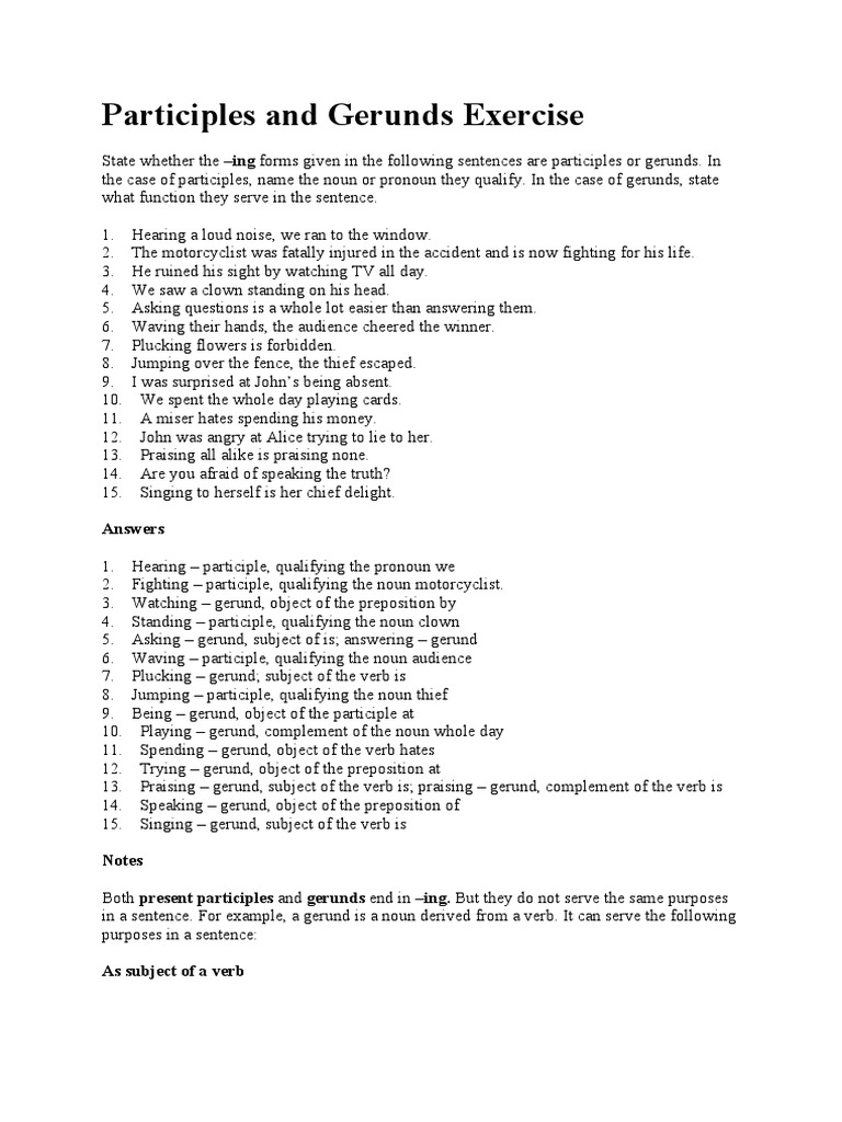 Participles and Gerunds Exercise: Answers | PDF | Verb | Linguistics