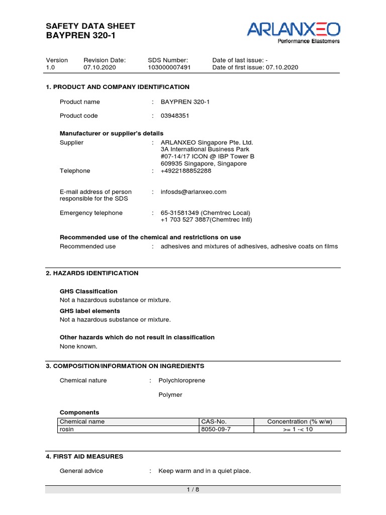 BAYPREN 320-1: Safety Data Sheet | PDF | Toxicity | Firefighting