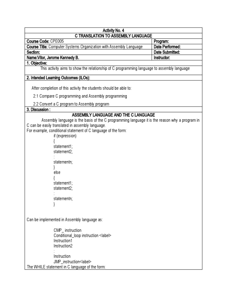 Activity No 4 C Translation To Assembly Language Pdf Assembly