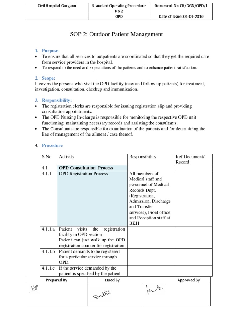 SOP 2: Outdoor Patient Management: 1. Purpose | PDF | Medical ...