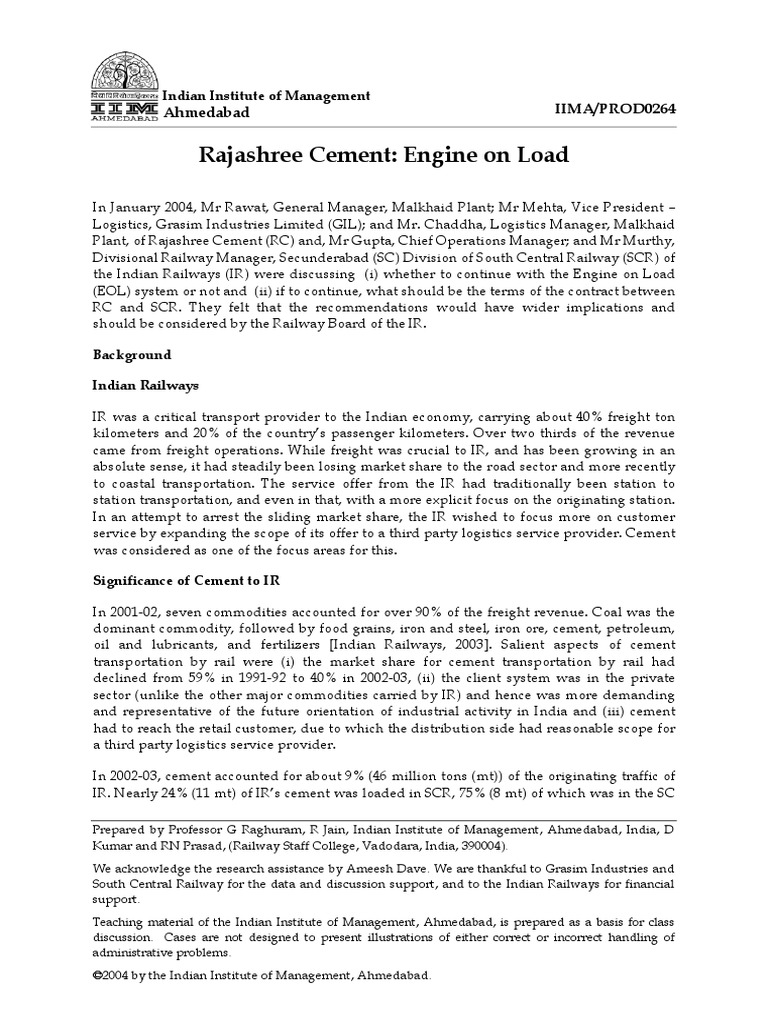 Rajashree Cement: Engine On Load: Ahmedabad IIMA/PROD0264 | PDF ...
