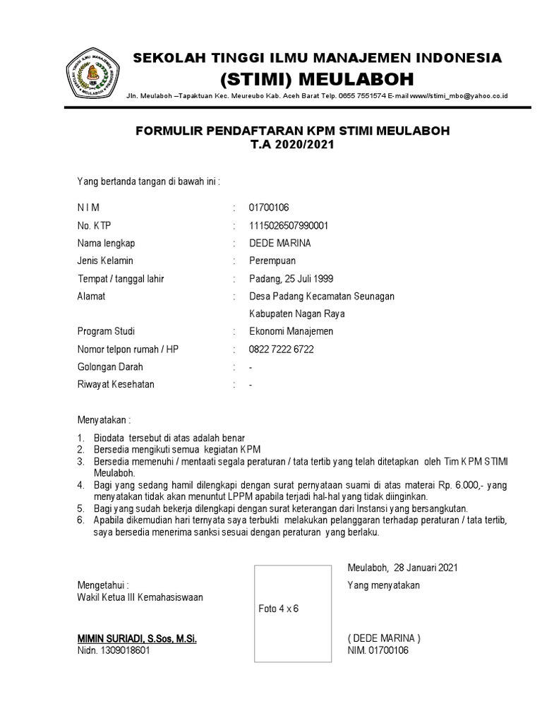 FORMULIR PENDAFTARAN KPM STIMI Bagus | PDF