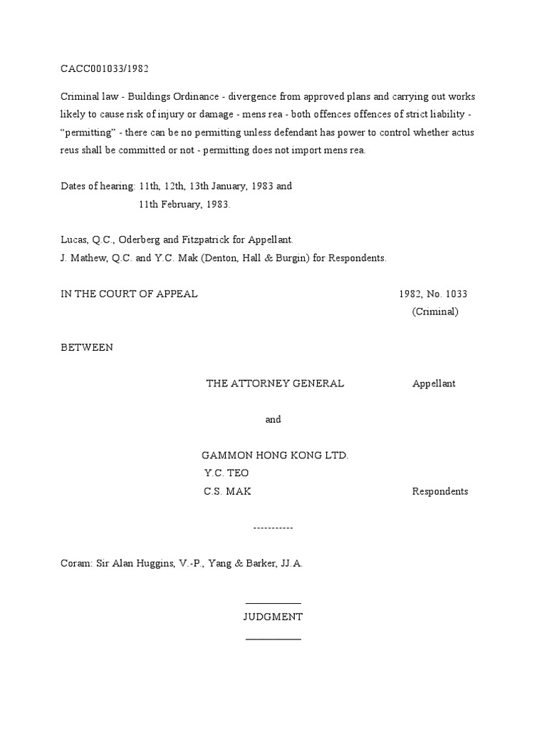 The Attorney General V Gammon (CACC001033-1982) | PDF | Mens Rea ...