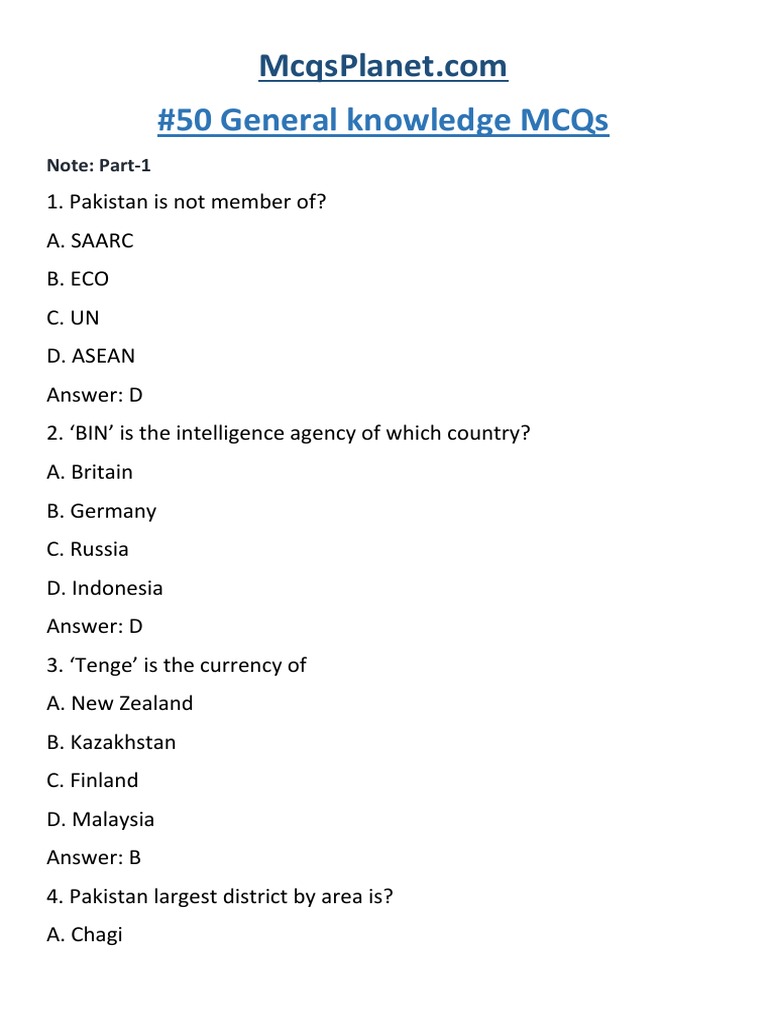 McqsPlanet 50 General Knowledge MCQs | Download Free PDF | Pakistan