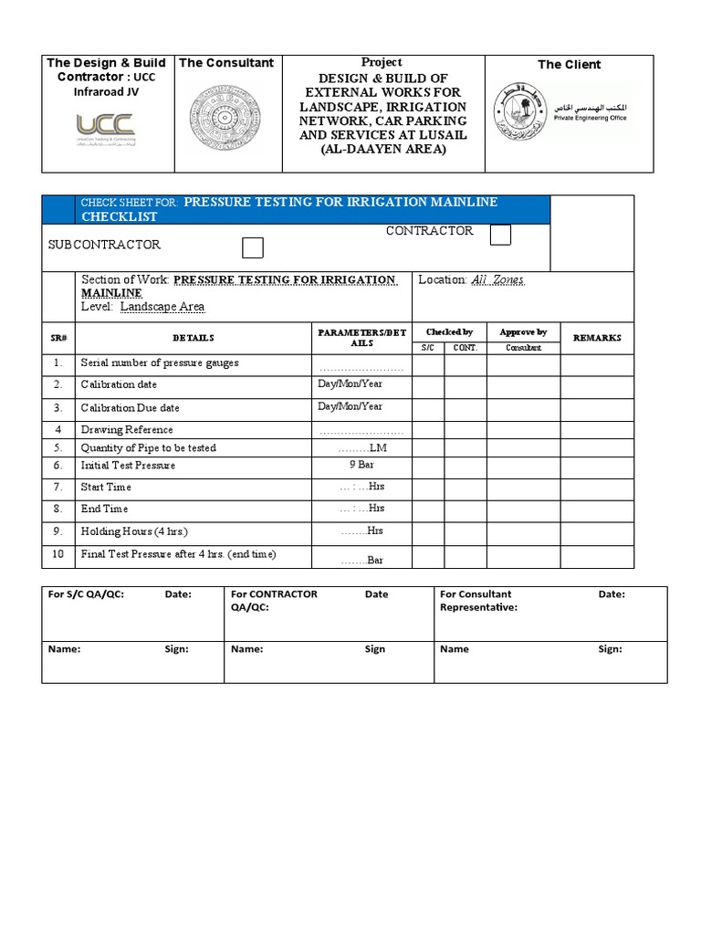 Irrigation Pressure Test Checklist | PDF