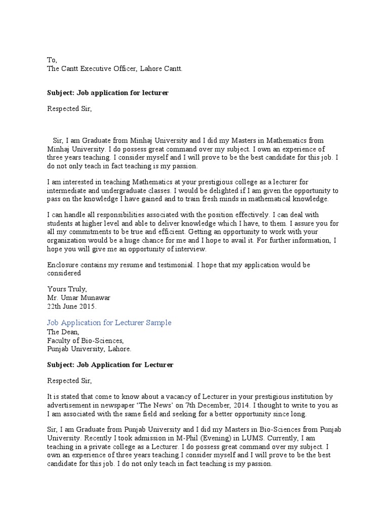 Job Application For Lecturer Sample | PDF | Lecturer | Further Education